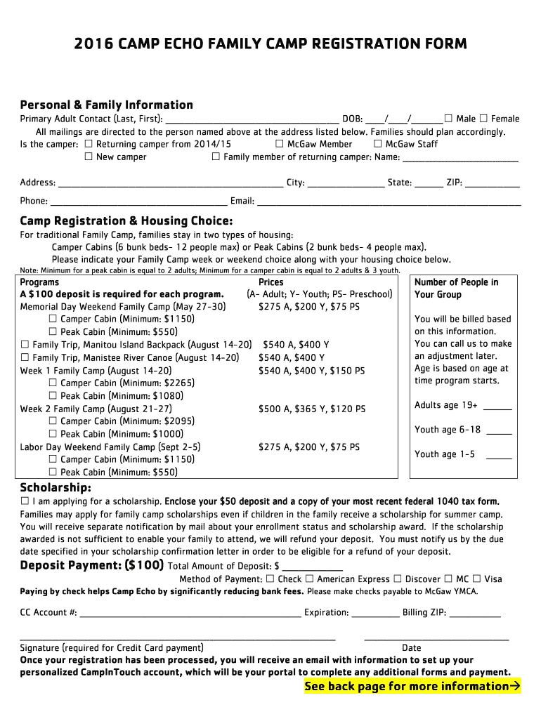 Fillable Online mcgawymca Family Camp Registration bFormb - The McGaw ...