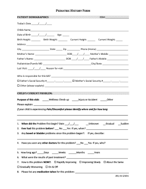 Fillable Online PEDIATRIC HISTORY FORM PATIENT DEMOGRAPHICS HR Fax ...