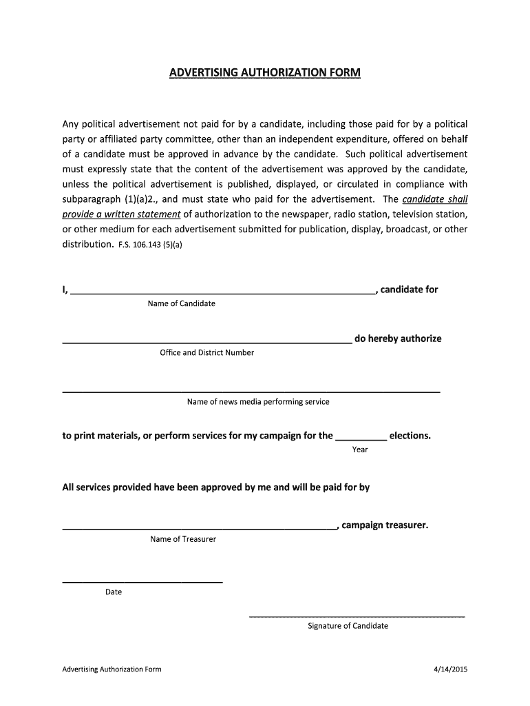 Fillable Online ADVERTISING AUTHORIZATION FORM - bputnamb-bflbbcomb Fax ...