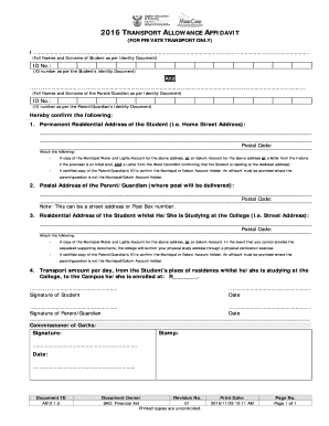 Fillable Online majuba edu 2016 TRANSPORT ALLOWANCE AFFIDAVIT ...