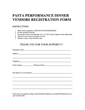 Fillable Online PASTA PERFORMANCE DINNER VENDORS REGISTRATION FORM Fax ...