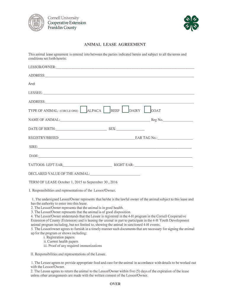 Fillable Online franklin cce cornell Animal blease agreementb - Cornell ...