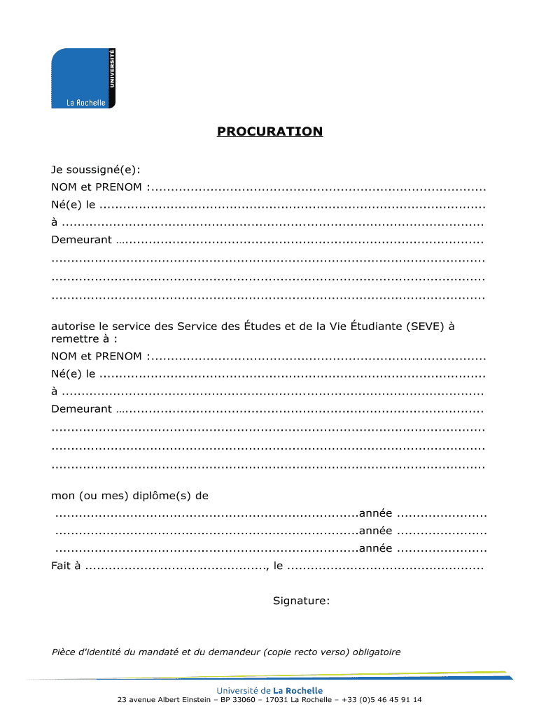 Remplissable En Ligne univ-larochelle Procuration retrait diplme lUniversit de La Rochelle Fax ...