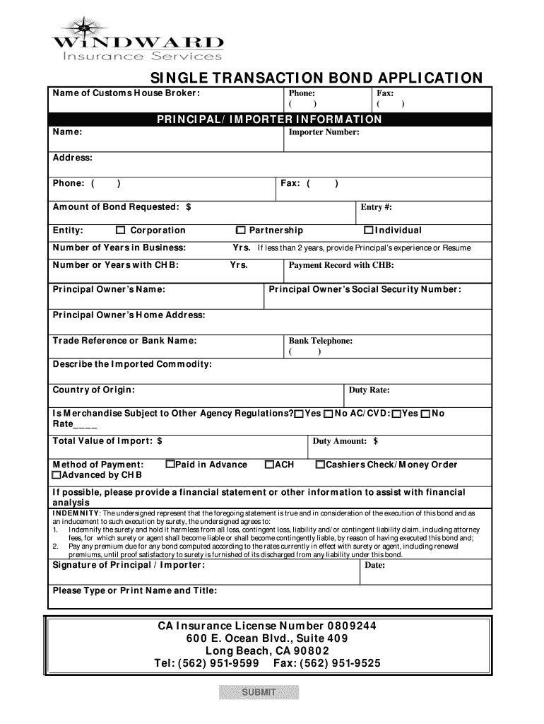 Fillable Online SINGLE TRANSACTION BOND APPLICATION Fax Email Print ...