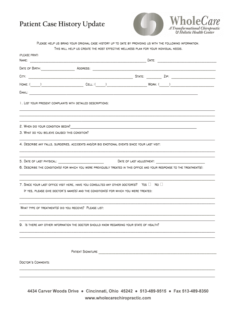 Fillable Online Patient Case History Update - WholeCare Fax Email Print ...