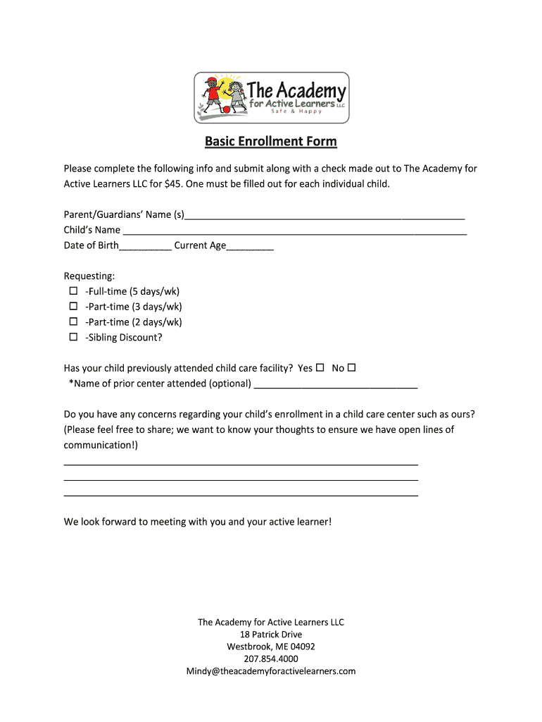 Fillable Online Basic Enrollment Form - theacademyforactivelearnerscom ...