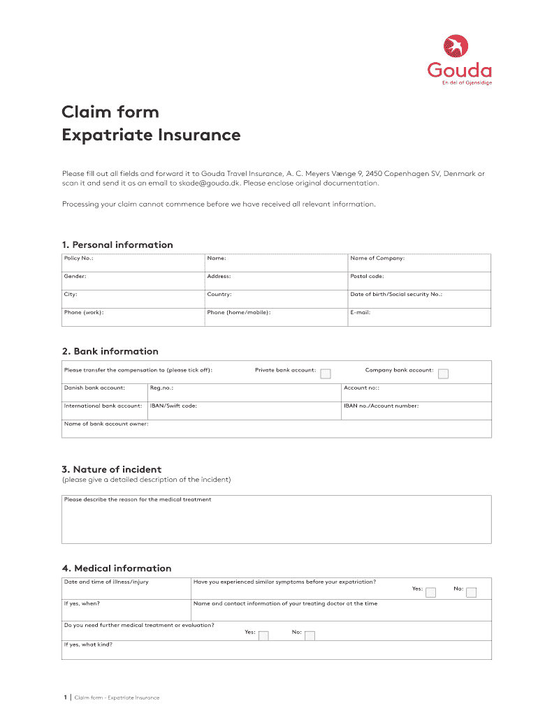 Fillable Online gouda Claim form Expatriate Insurance Please fill out ...
