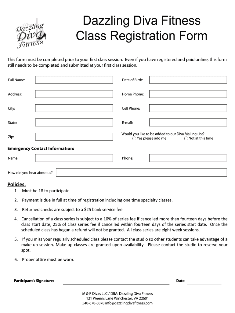 Fillable Online Dazzling Diva Fitness bClassb Registration bFormb Fax ...