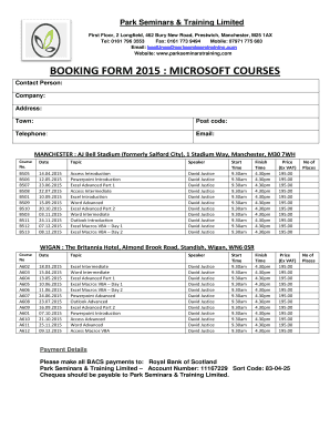 Fillable Online BOOKING FORM 2015 MICROSOFT COURSES Fax Email Print ...
