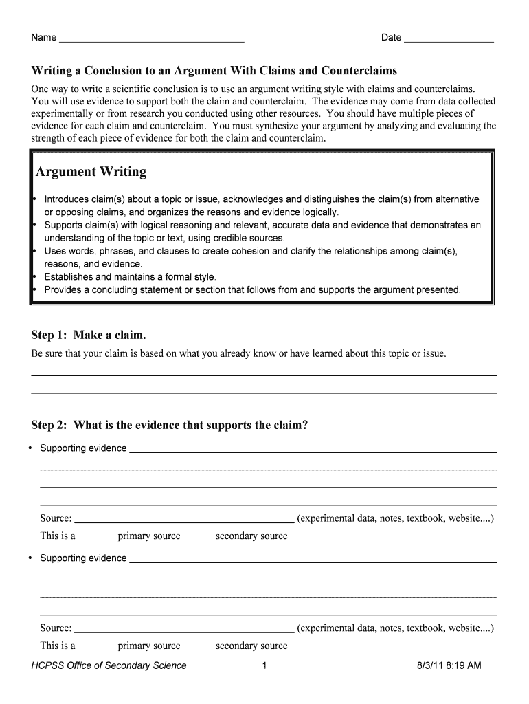 Fillable Online transitiontocommoncore wikispaces hcpss Writing a Conclusion to an Argument With ...