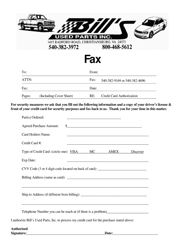 Fillable Online Credit Card Form - Bill's Used Parts, Inc. Fax Email Print - pdfFiller