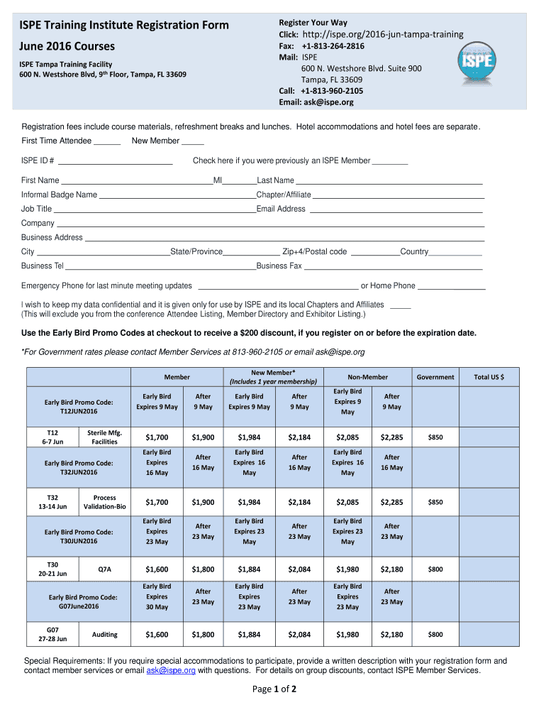 Fillable Online ispe ISPE Training Institute Registration bFormb June 2016 Courses Fax Email ...