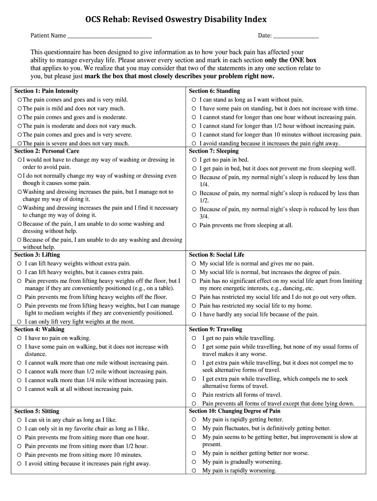 Fillable Online OCS Rehab Revised Oswestry Disability Index - bOCPNb ...