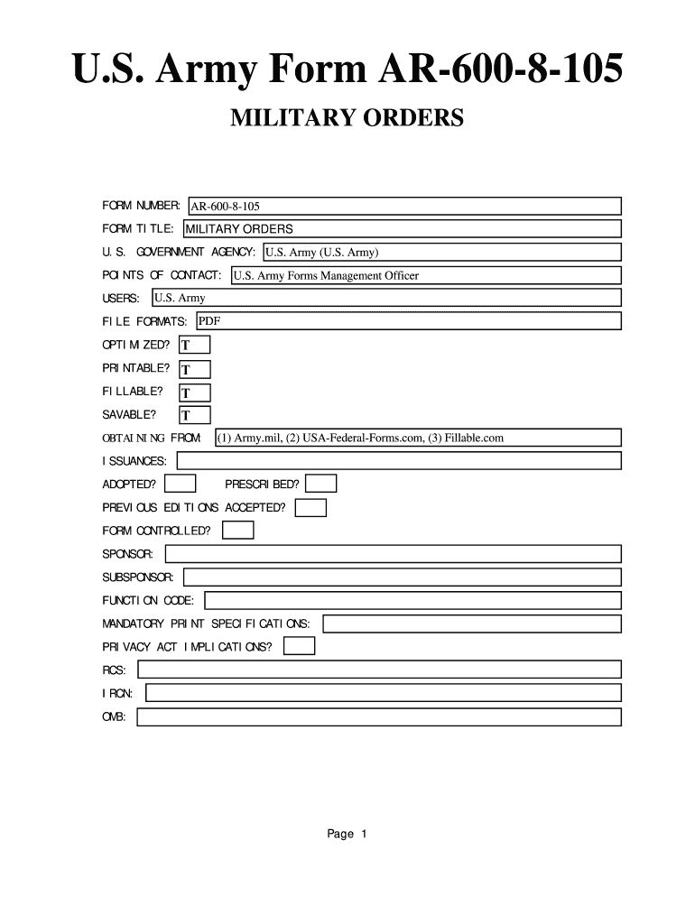 Fillable Online US bArmy Formb AR-600-8-105 - US Federal bFormsb Fax ...