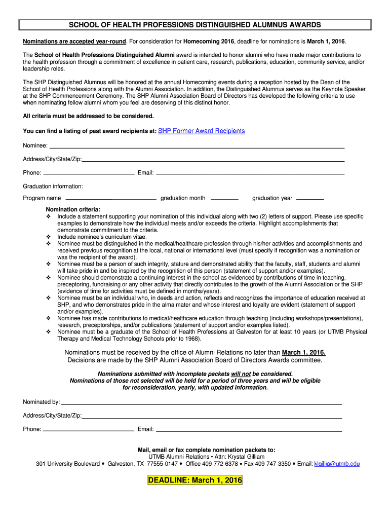 Fillable Online alumni utmb SCHOOL OF HEALTH PROFESSIONS DISTINGUISHED ALUMNUS AWARDS Fax Email ...