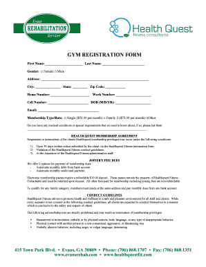Fillable Online GYM REGISTRATION FORM - Health Quest Fit Fax Email ...