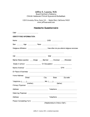Fillable Online Headache questionnaire - Jeffrey E. Lazarus, MD, FAAP ...