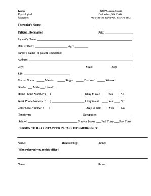 Fillable Online Therapist's Name: Patient Information Date - Karner Psychological ... Fax Email ...