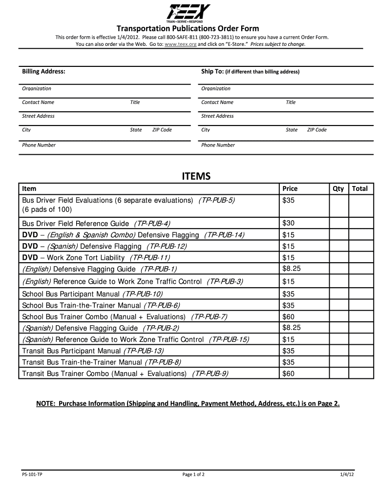 Fillable Online teexweb tamu Transportation Publications Order Form ...