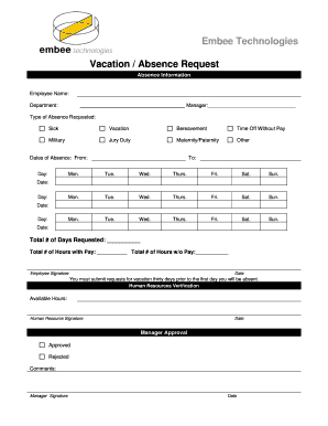 Fillable Online Absence Request Form - embeetech Fax Email Print ...
