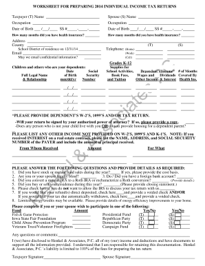 Fillable Online WORKSHEET FOR PREPARING 2014 INDIVIDUAL INCOME TAX ...