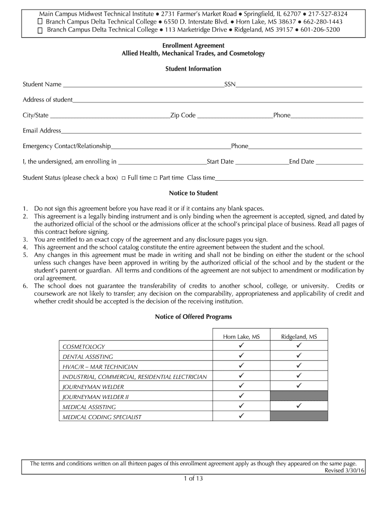 Fillable Online Enrollment Agreement Allied Health Mechanical Trades ...