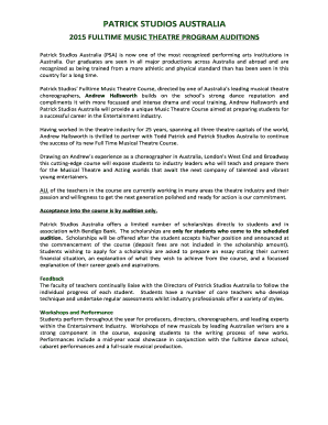 Fillable Online Patrick studios australia 2015 fulltime music theatre ...