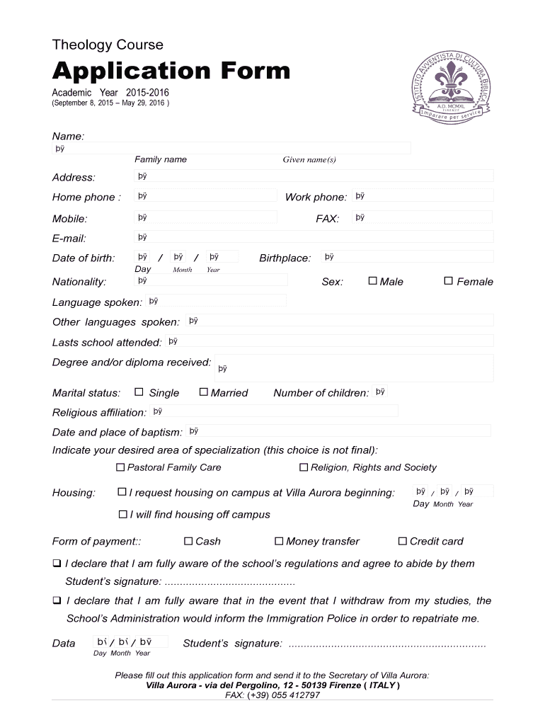 Fillable Online villaaurora Theology Course Application Form ...