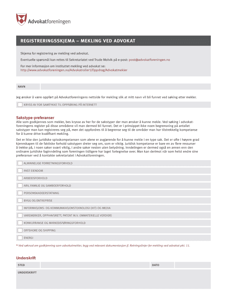 Fillable Online Skjema for registrering av mekling ved advokat Fax Email Print - pdfFiller