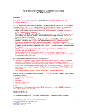 Fillable Online ADHD TEMPLATE IMPRESSIONS AND RECOMMENDATIONS Fax Email ...