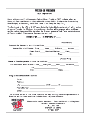 Fillable Online Avenue of Freedom Fly A Flag - Branson Veterans Task ...