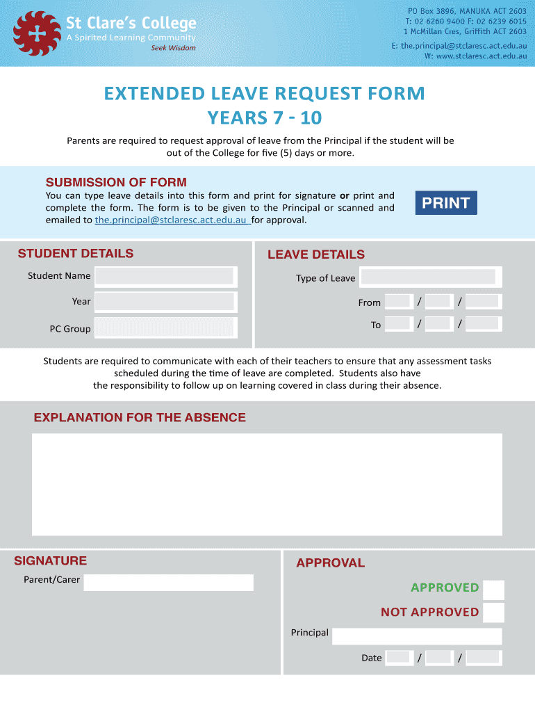 Fillable Online stcc act edu SUBMISSION OF FORM STUDENT DETAILS LEAVE ...