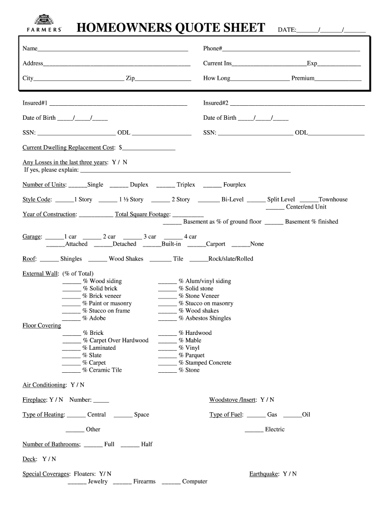 Fillable Online district33 HOMEOWNERS QUOTE SHEET - district33 Fax ...