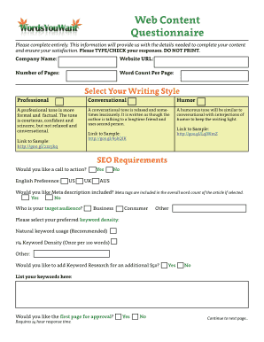 Fillable Online Web Content Questionnaire - Words You Want Fax Email ...