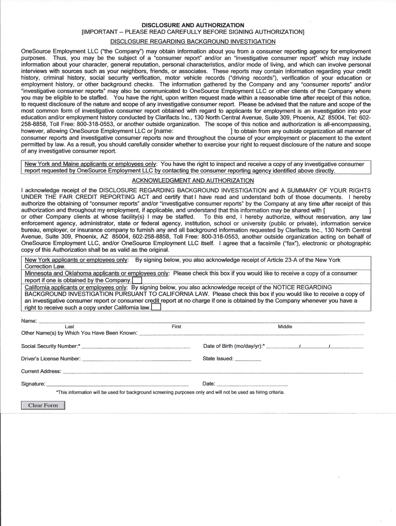 Fillable Online DISCLOSURE AND AUTHORIZATION IMPORTANT PLEASE READ CAREFULLY BEFORE SIGNING ...