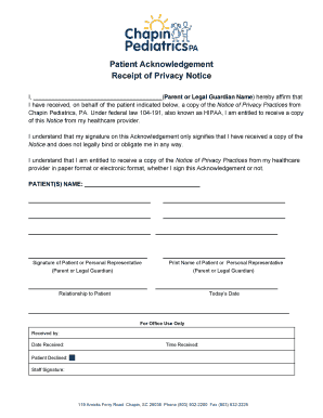Fillable Online Patient Acknowledgement Receipt of Privacy Notice ...