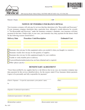 Fillable Online athomemedical NOTICE OF POSSIBLE INSURANCE DENIAL - At ...