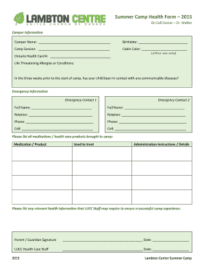 Fillable Online Summer Camp Health Form 2015 - Lambton Centre Fax Email ...