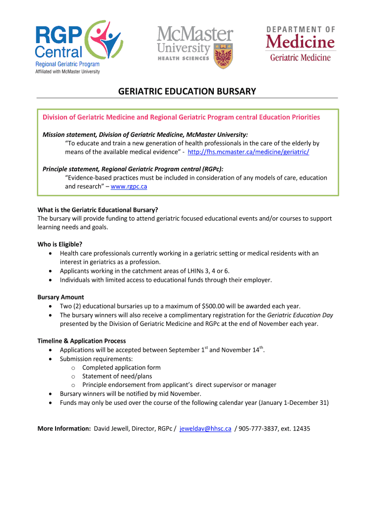 Fillable Online GERIATRIC EDUCATION BURSARY - Regional Geriatric ...