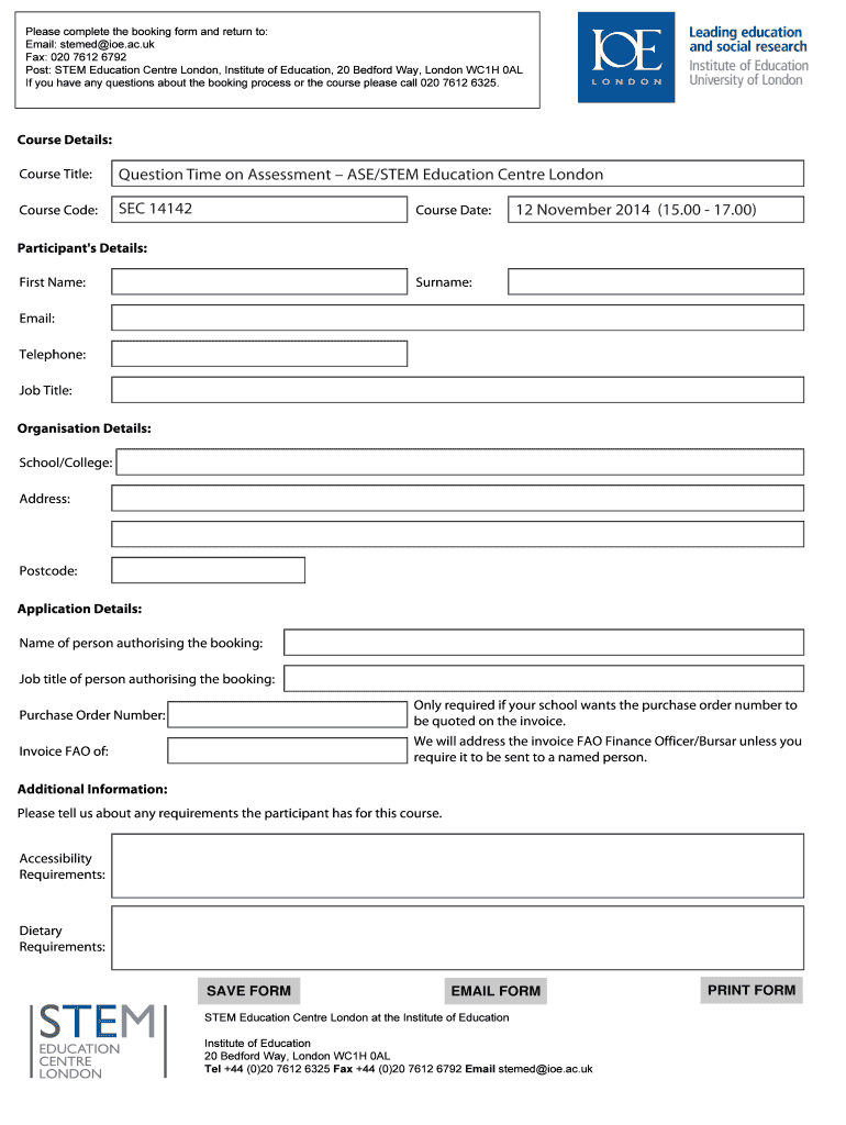 Fillable Online stemedlondon org Question Time on Assessment - STEM Education Centre London Fax ...