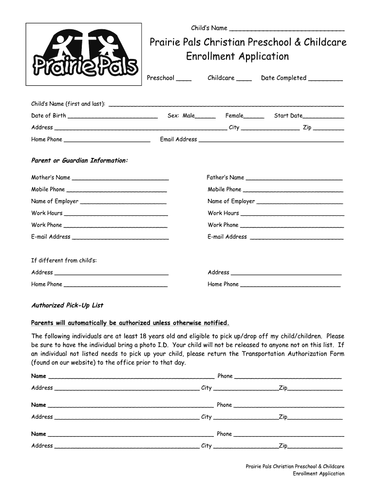 Fillable Online prairiepals Preschool Enrollment Packet - Prairie Pals Christian Preschool ...