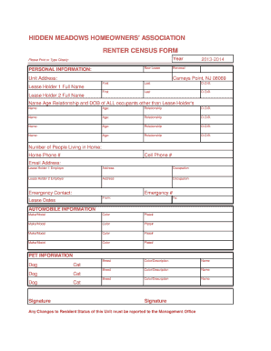 Fillable Online HIDDEN MEADOWS HOMEOWNERS ASSOCIATION RENTER CENSUS ...