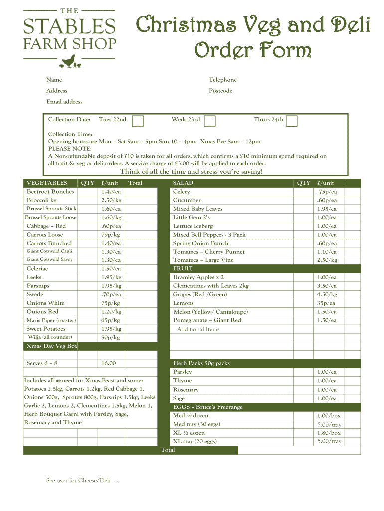 Fillable Online thestablesfarmshop co Christmas Veg and Deli Order Form ...