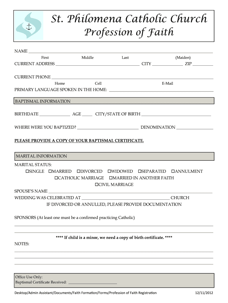 Fillable Online Profession of Faith Registration Fax Email Print ...
