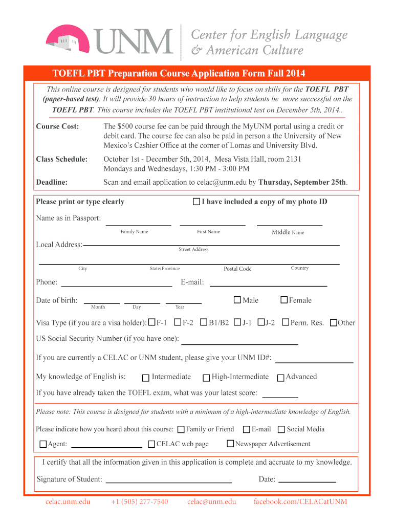 Fillable Online celac unm TOEFL PBT Preparation Course Application Form ...