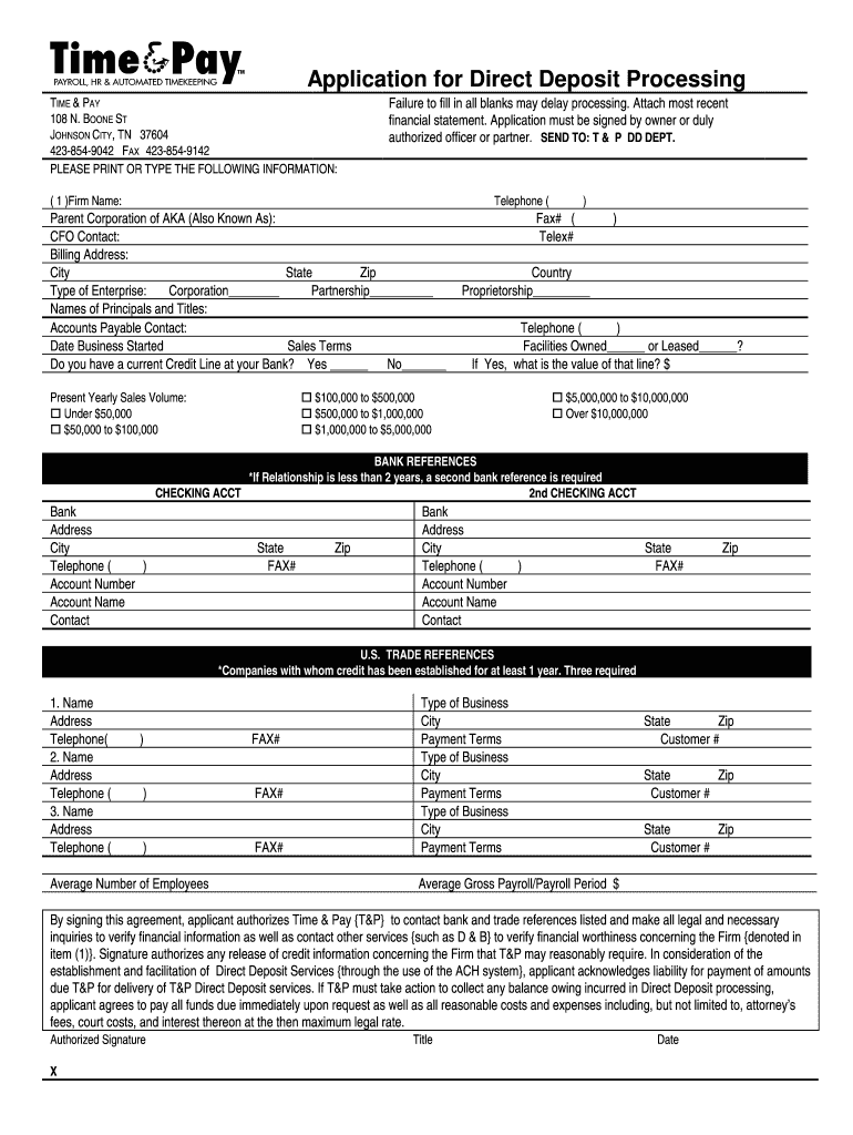 Fillable Online Application for Direct Deposit Processing - Time and ...