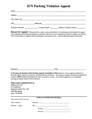 Fillable Online iun Parking Violation Appeal - iun Fax Email Print ...