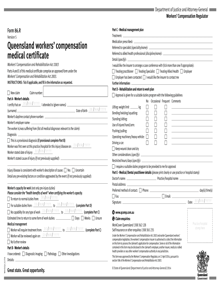 Fillable Online Queensland workers39 compensation medical certificate ...