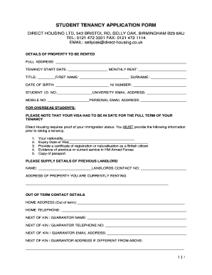 Fillable Online STUDENT TENANCY APPLICATION FORM - bDirectb bHousingb ...