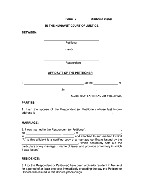 Fillable Online nunavutcourts Form 12 Subrule 205 IN THE NUNAVUT COURT ...